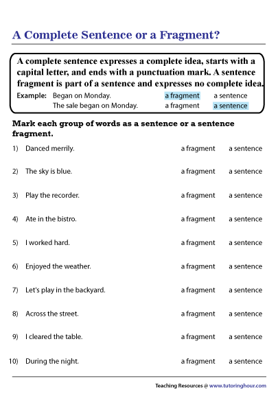 Sentence And Fragment Worksheets