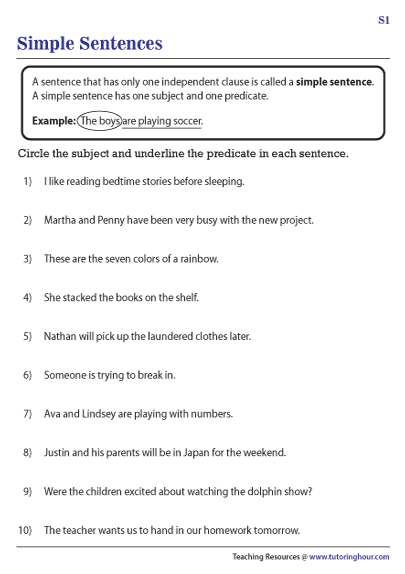 Simple Sentence Worksheets