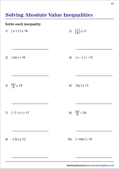 Absolute Value Inequalities Worksheet