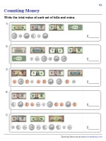 Counting U.S. Coins and Bills Worksheets