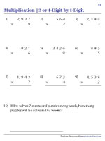 Multiplying up to 4 Digits by 1-Digit Numbers Worksheets