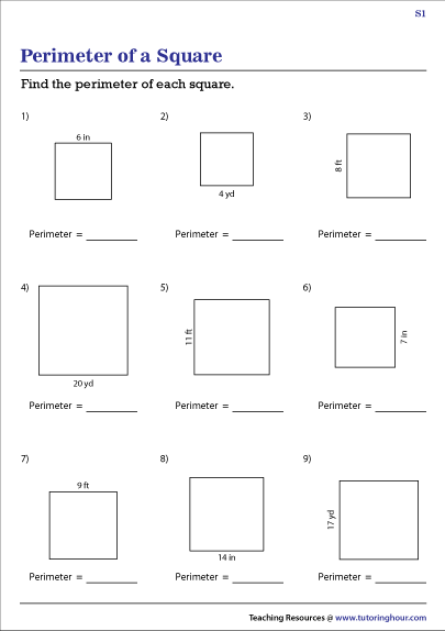 Perimeter of Squares Worksheets
