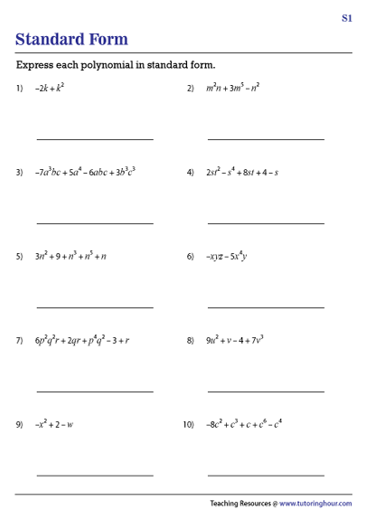 Polynomials In Standard Form Worksheets