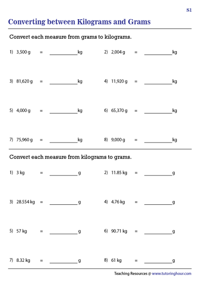 Convert between Kilograms and Grams Worksheets