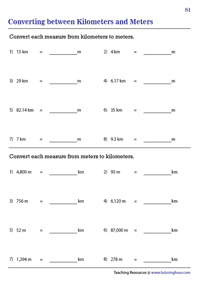 Convert between Meters and Kilometers Worksheets